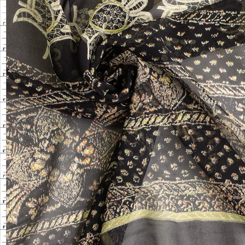 Cali Fabrics Avocado, ivory, and black horizontal lace stripe Silk ...