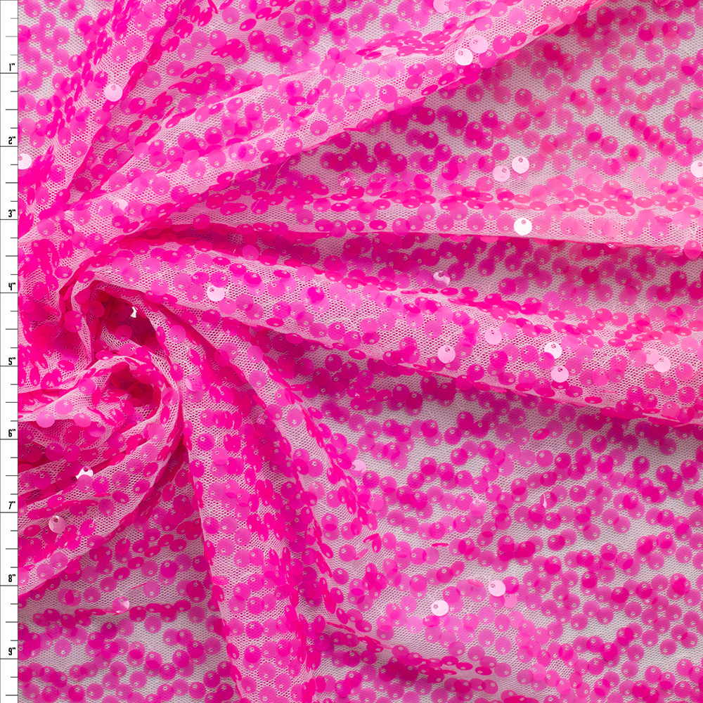 Cali Fabrics Hot Pink Sequins on White Netting #29550 Fabric by the Yard