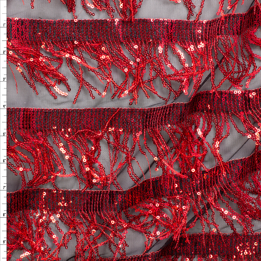 Cali Fabrics Red Sequin Fringe on Black Netting #29576 Fabric by the Yard