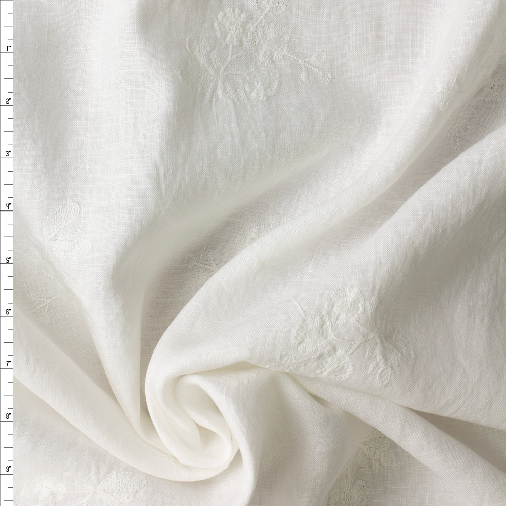 Cali Fabrics Warm White Floral Embroidered Linen #29833 Fabric by the Yard