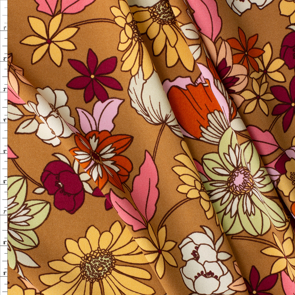 Cali Fabrics Blush and Ivory Retro Floral on Tan Lightweight Stretch ...