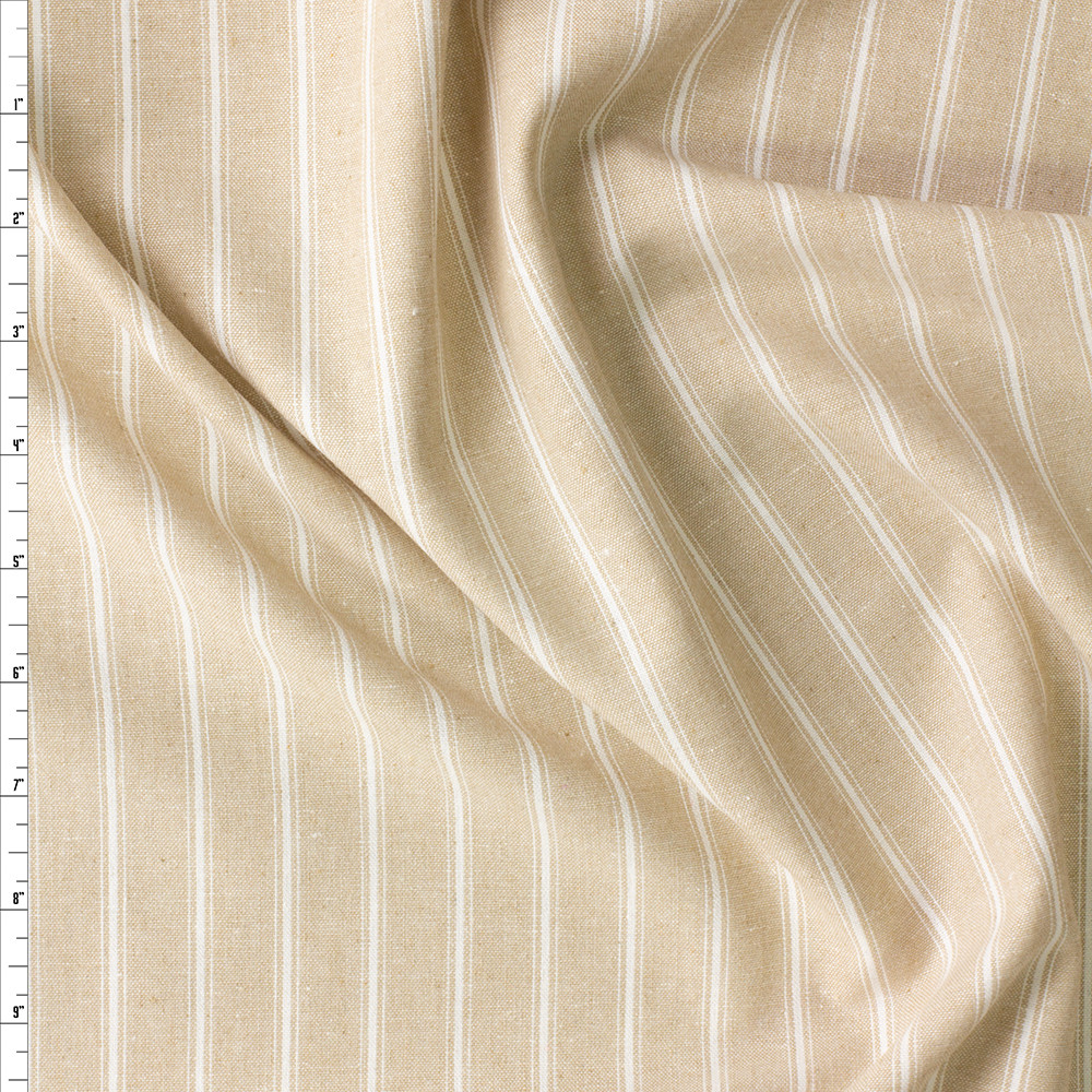Cali Fabrics White on Tan Vertical Stripe Chambray #30302 Fabric by the ...
