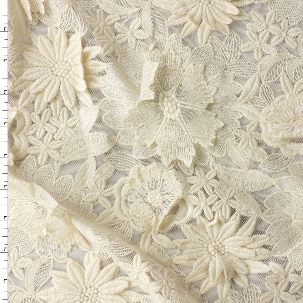 Cali Fabrics Ivory Layered Floral Designer Embroidered Netting #30415 ...