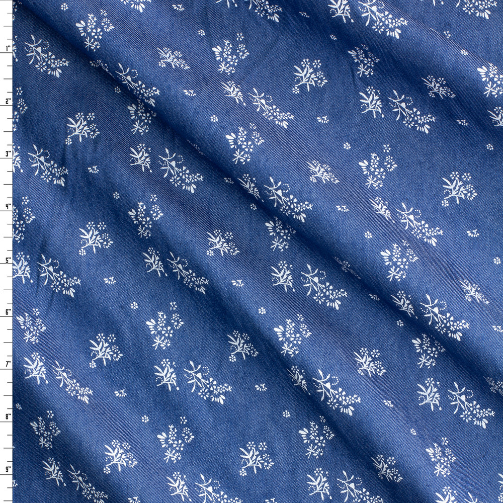 Cali Fabrics White Delicate Floral on Medium Blue Chambray Print #30580 ...