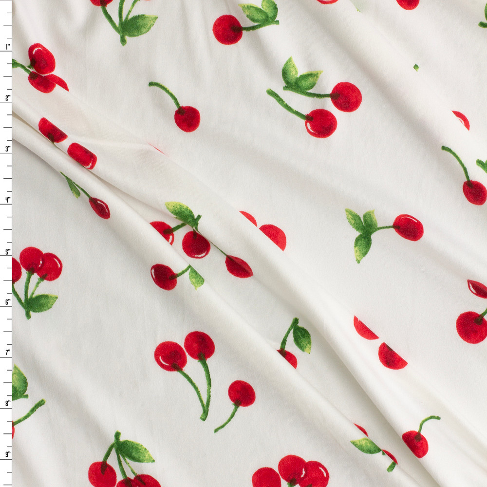 Cali Fabrics Cherries on Offwhite Double Brushed Poly/Spandex Knit ...