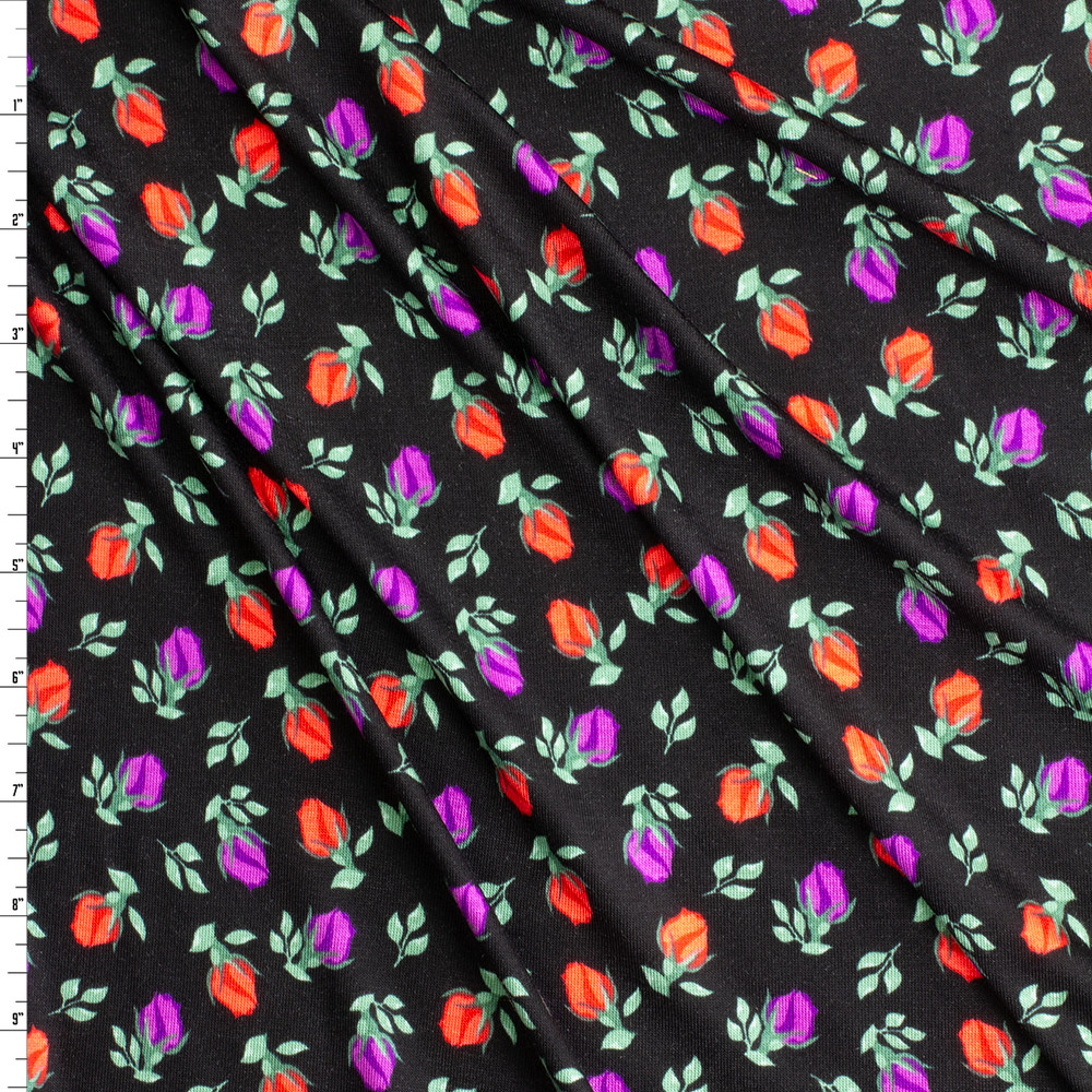 Cali Fabrics Red and Purple Rosebuds on Black Stretch Modal Jersey Knit ...