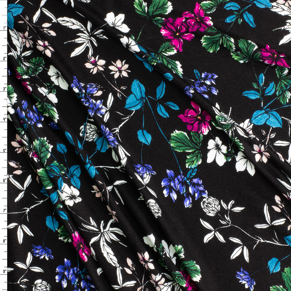 Cali Fabrics Magenta, Teal, and Hunter Wildflowers on Black Stretch ...