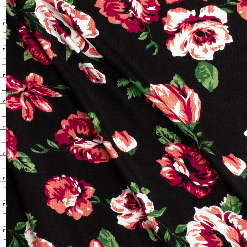 Cali Fabrics Wine and Pink Rose Floral on Black Stretch Modal Jersey ...