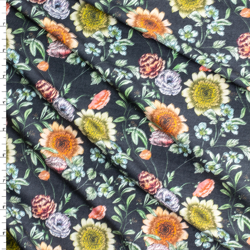 Cali Fabrics Field of Flowers on Charcoal Stretch Modal Jersey Knit ...