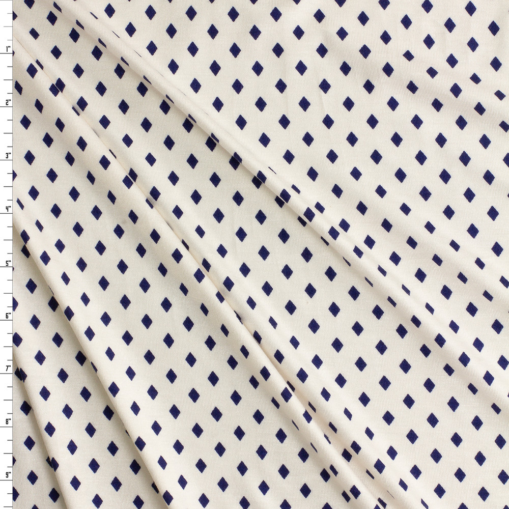 Cali Fabrics Deep Blue Diamonds on Ivory Stretch Modal Jersey Knit from ...