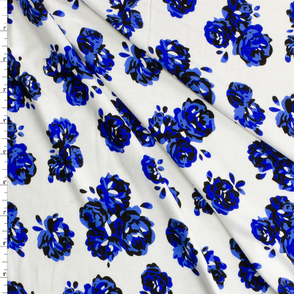 Cali Fabrics Blue Rose Floral on Offwhite Stretch Modal Jersey Knit ...