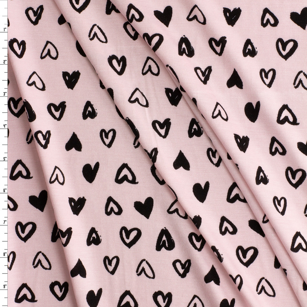 Cali Fabrics Black Hand Drawn Hearts on Blush Stretch Modal Jersey Knit ...