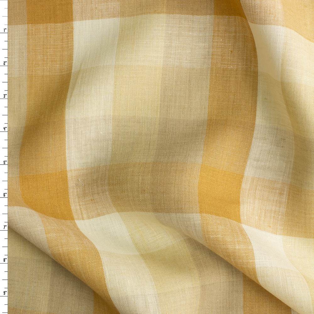Cali Fabrics Mustard, Tan, and Ivory Plaid Linen #30724 Fabric by the Yard