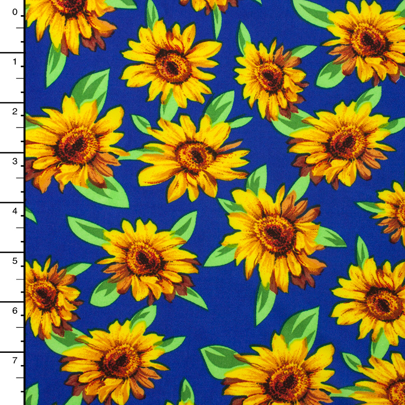 Cali Fabrics | Yellow Sunflower Print on Blue Stretch ITY Knit