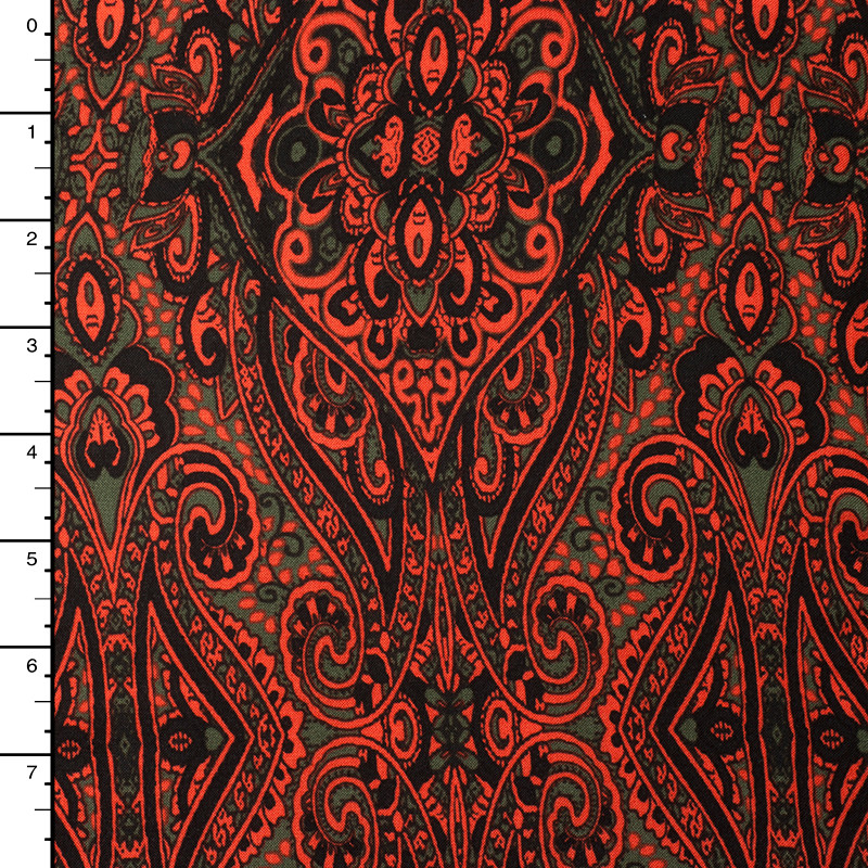 Cali Fabrics | Brown and Neon Orange Scrollwork Pattern Rayon Challis