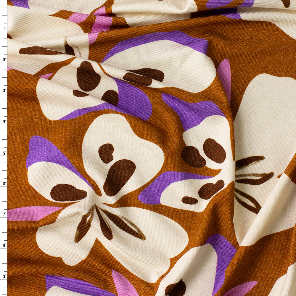 Cali Fabrics Ivory, Pink, and Lilac Floral on Caramel Rayon/Spandex ...