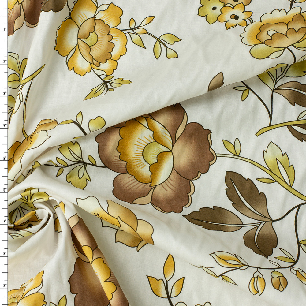 Cali Fabrics Tan Rose Floral on Offwhite Stretch Cotton Poplin #31281 ...