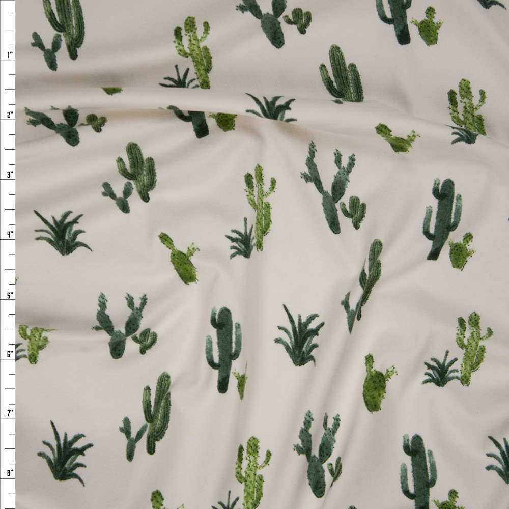 Cali Fabrics Green Cactus on Offwhite Double Brushed Poly Spandex ...