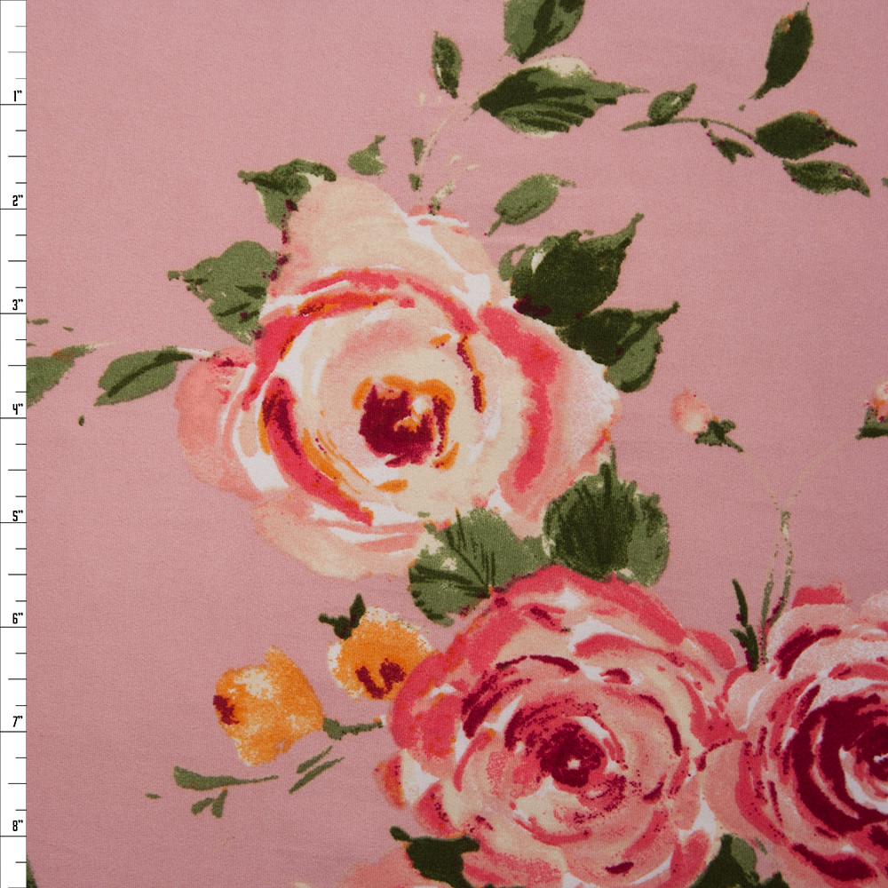 Cali Fabrics Pink Paint Daub Roses on Soft Pink Double Brushed Poly ...