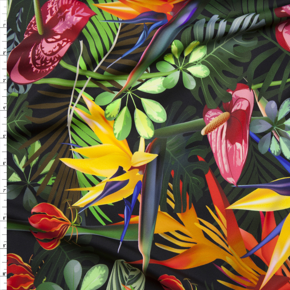 Cali Fabrics Tropical Leaves and Flowers on Black Stretch Nylon/Lycra ...