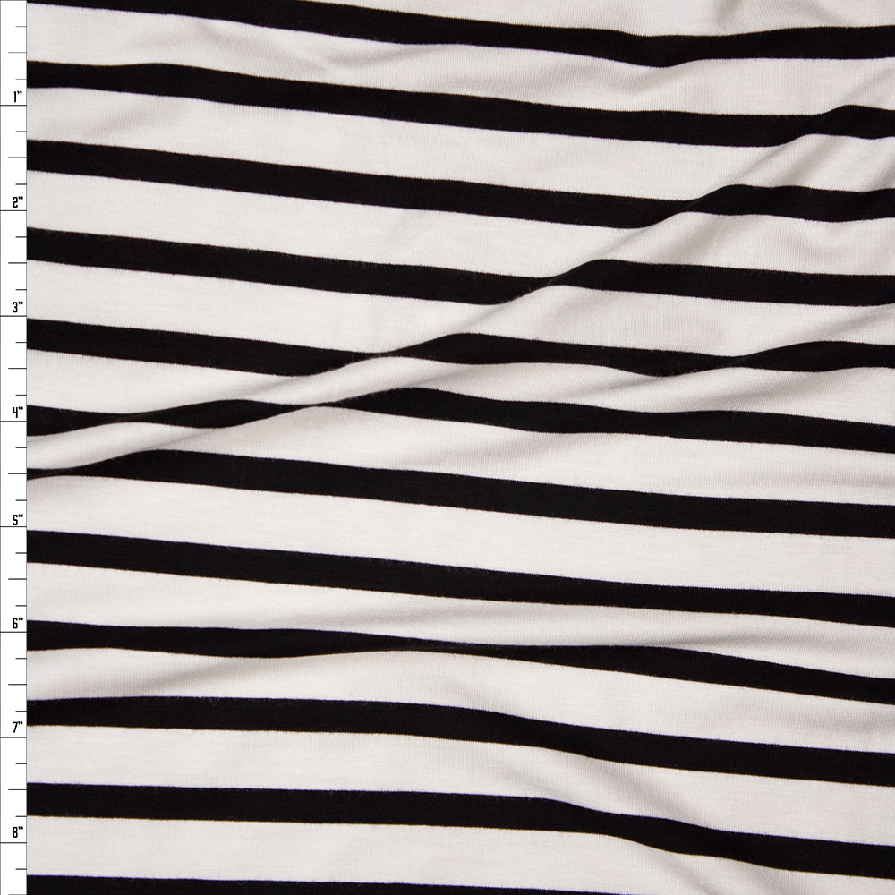 Cali Fabrics Black on Offwhite Horizontal Pencil Stripe Stretch Modal ...