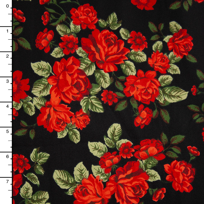 Cali Fabrics Red Rose Floral on Black Scuba Knit Fabric by the Yard