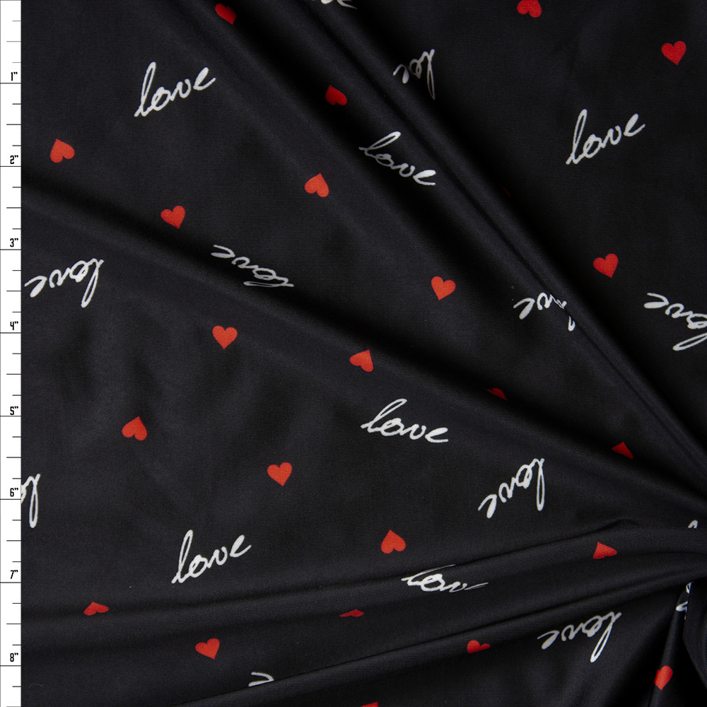 Cali Fabrics Cursive 'Love' with Red Hearts Nylon/Spandex Print Fabric ...