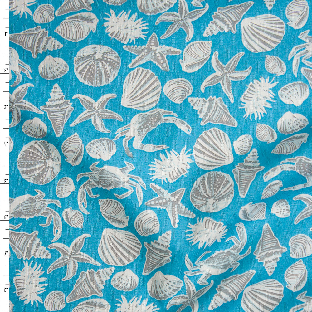 Cali Fabrics Tan and Ivory Seashells on Turquoise Fine Cotton Jacquard ...