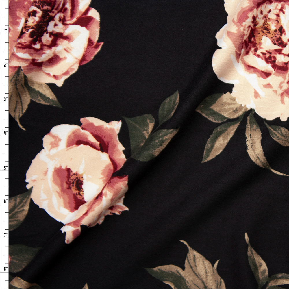 Cali Fabrics Pink Roses on Black Double Brushed Poly Spandex Fabric by ...