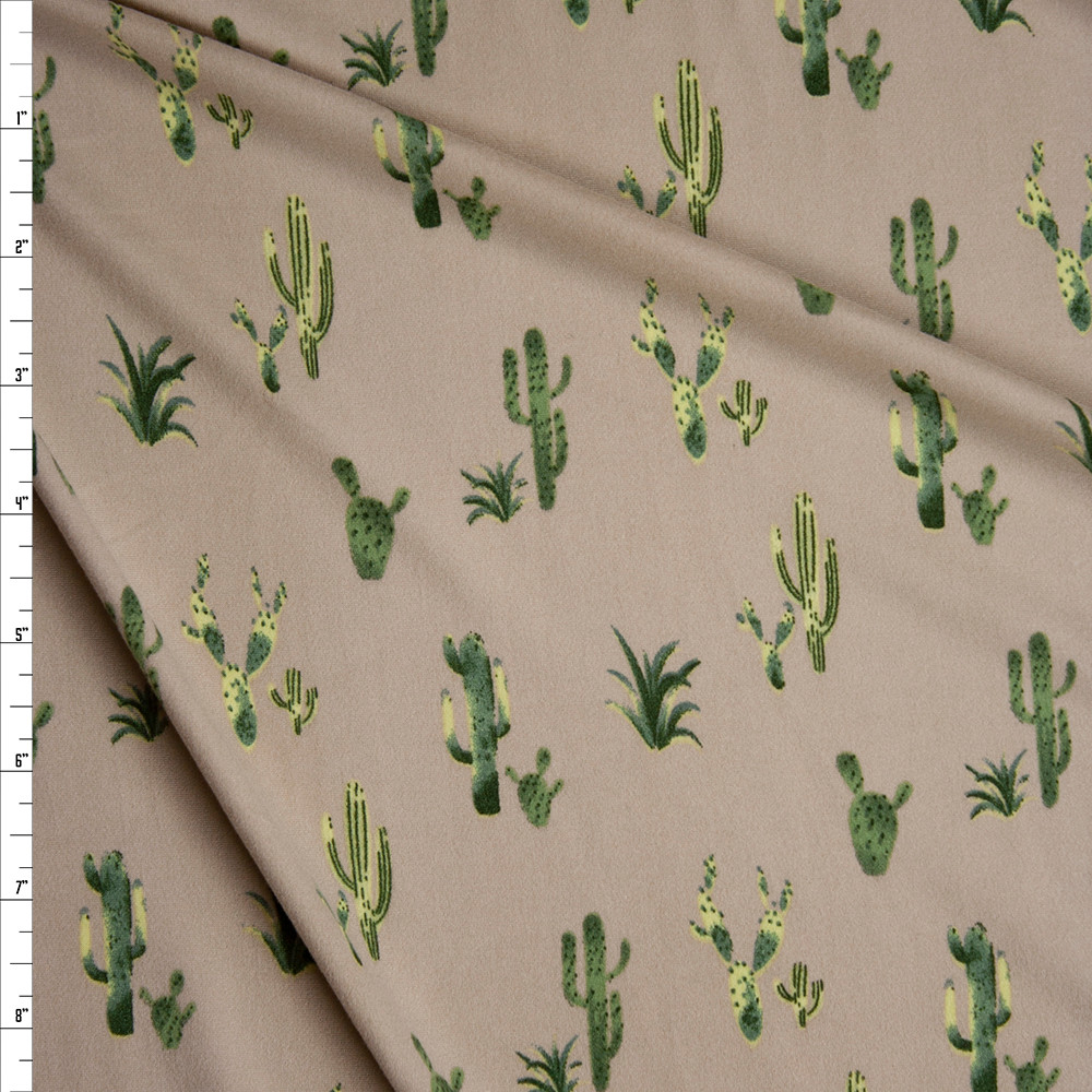 Cali Fabrics Green Cactus on Tan Double Brushed Poly/Spandex Knit ...