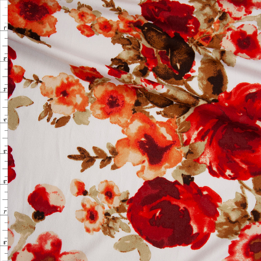 Cali Fabrics Red and Tan Watercolor Floral on Offwhite Double Brushed ...