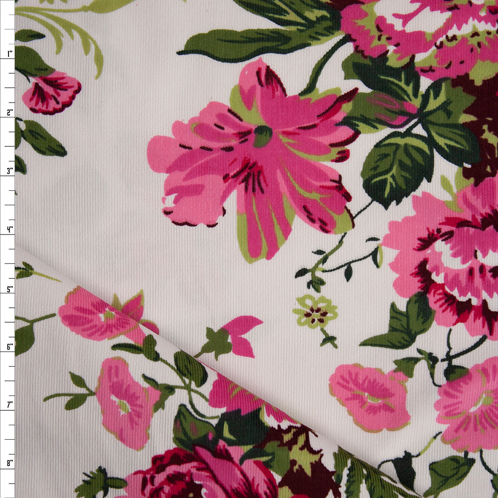 Cali Fabrics Pink and Olive Floral on Warm White Baby Wale Corduroy ...
