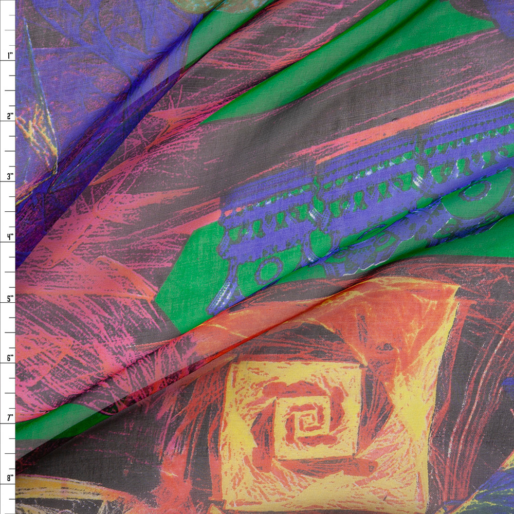 Cali Fabrics Multicolor Abstract on Green Designer Silk Chiffon Fabric ...