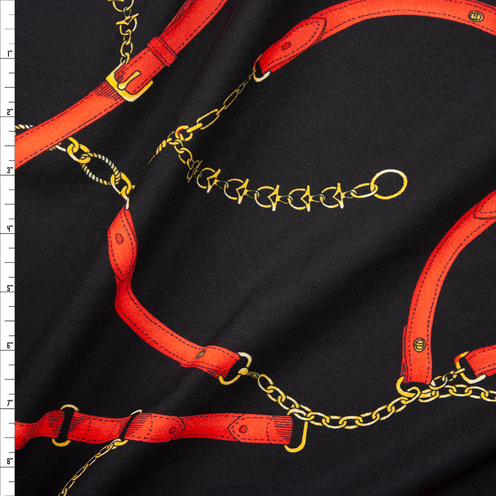 Cali Fabrics Red and Gold Straps and Chains on Black Double Bushed Poly ...