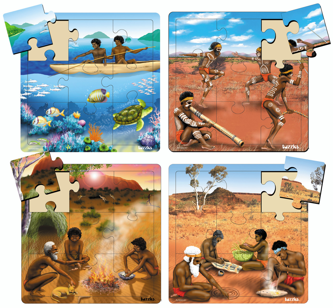 Aboriginal Tray Puzzles Set of 4 , 9 pieces each - Think Education Supplies