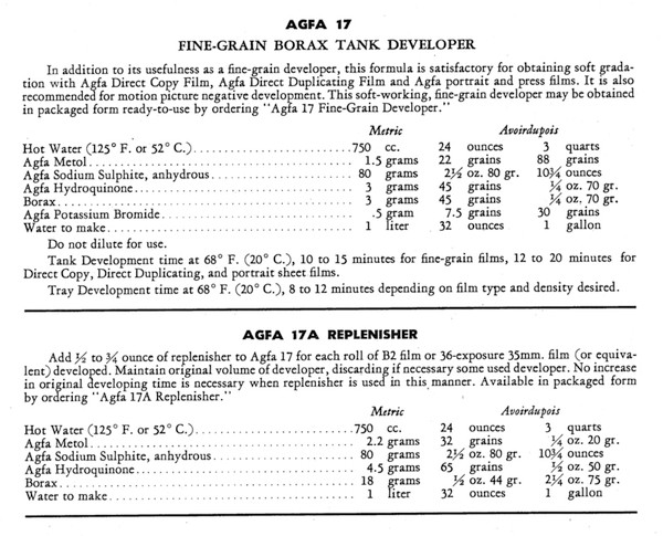 Agfa 17 Fine Grain Borax Tank Developer & 17A Replenisher Formula ...