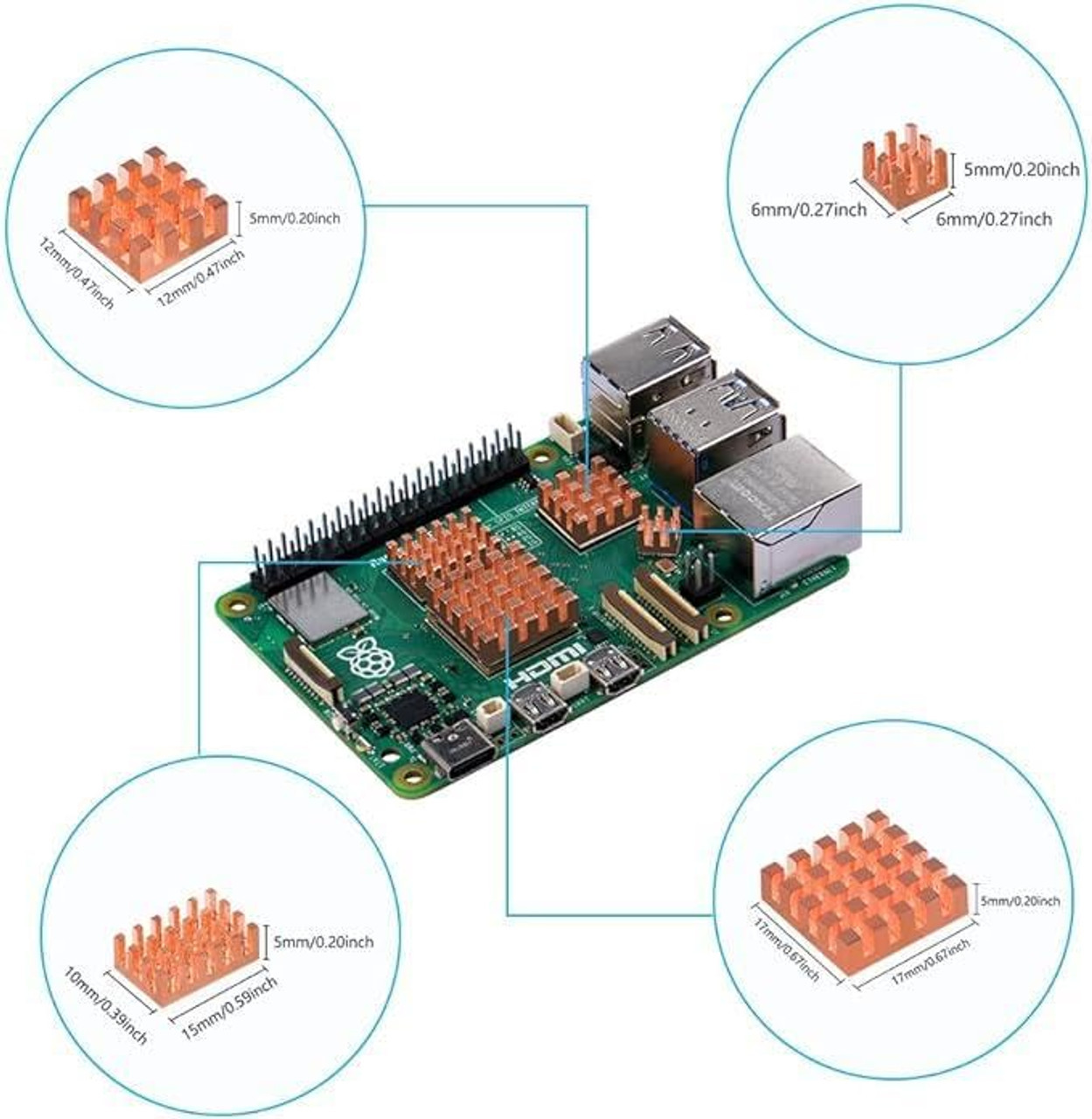 Set of Heatsinks for Raspberry Pi 5, 4-pack, Copper - PiShop.us