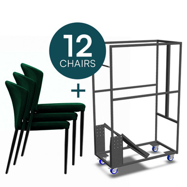 Flexfurn Veneto Dark Green Velvet Commercial Stacking Side Chairs and Storage Trolley