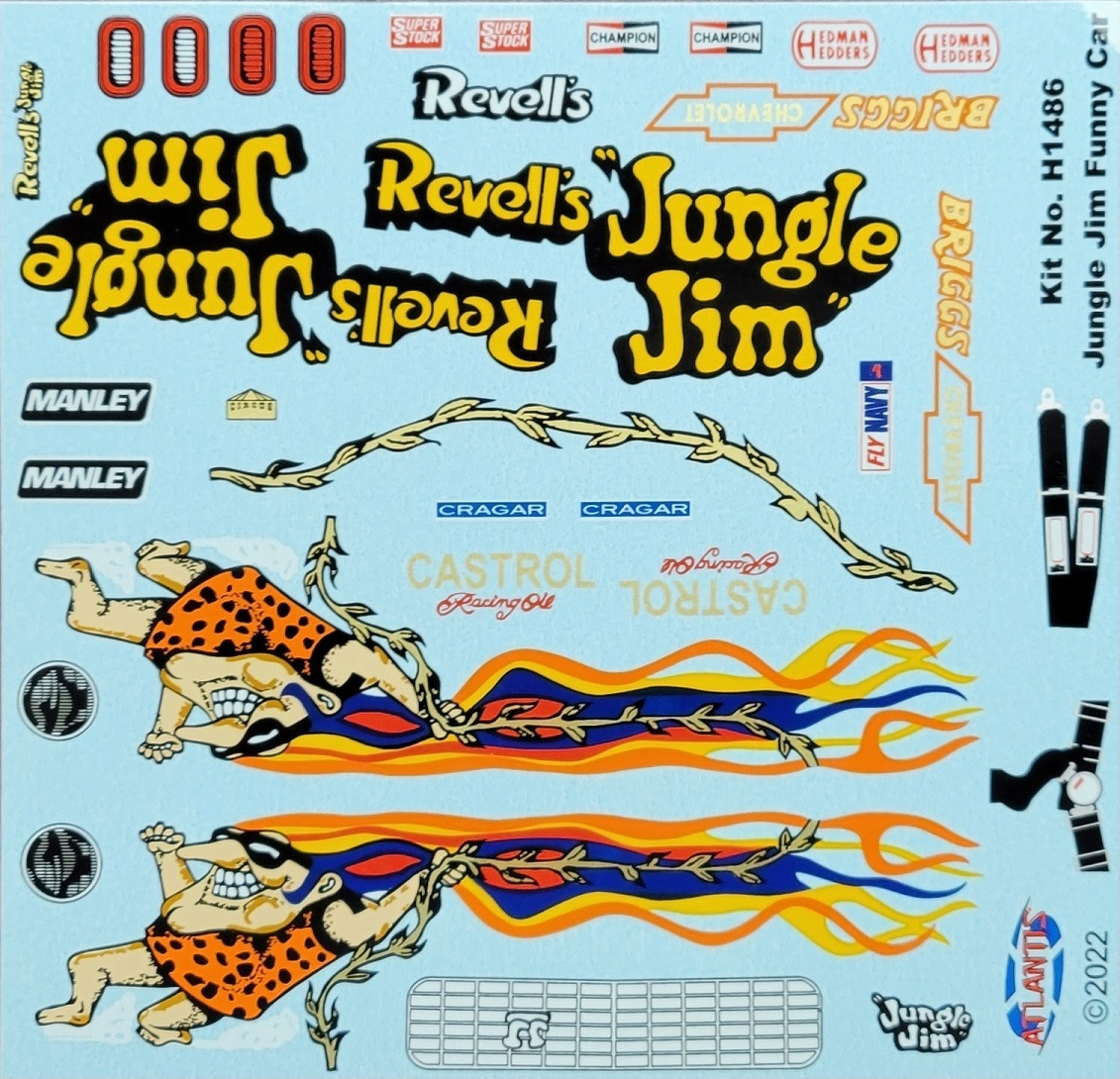 DECALS --Jungle Jim Big Funny Car Decal Sheet 1/16 scale ONLY for H1486
