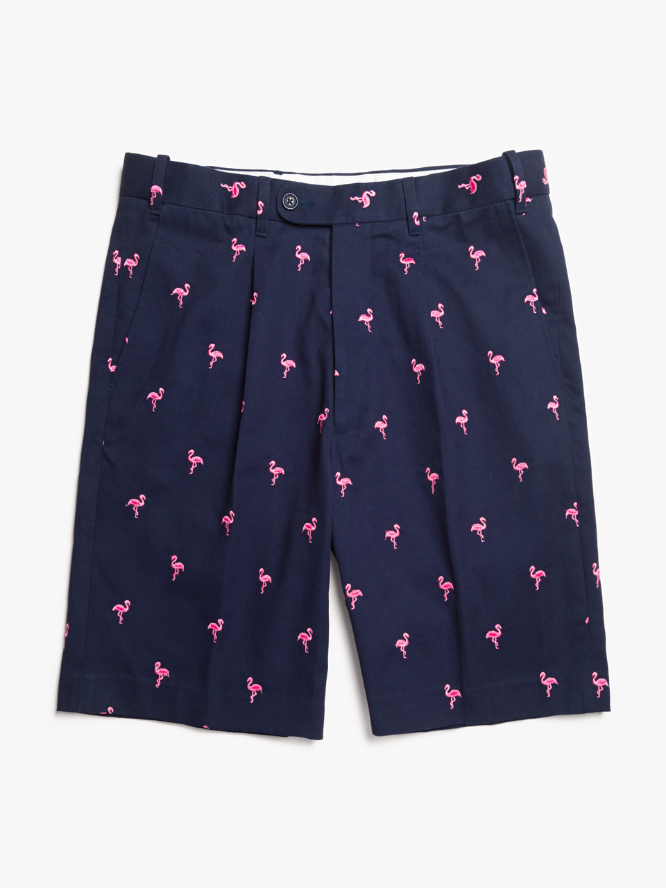 Flamingo Embroidered Navy Cotton Pleated Shorts | Peter Christian