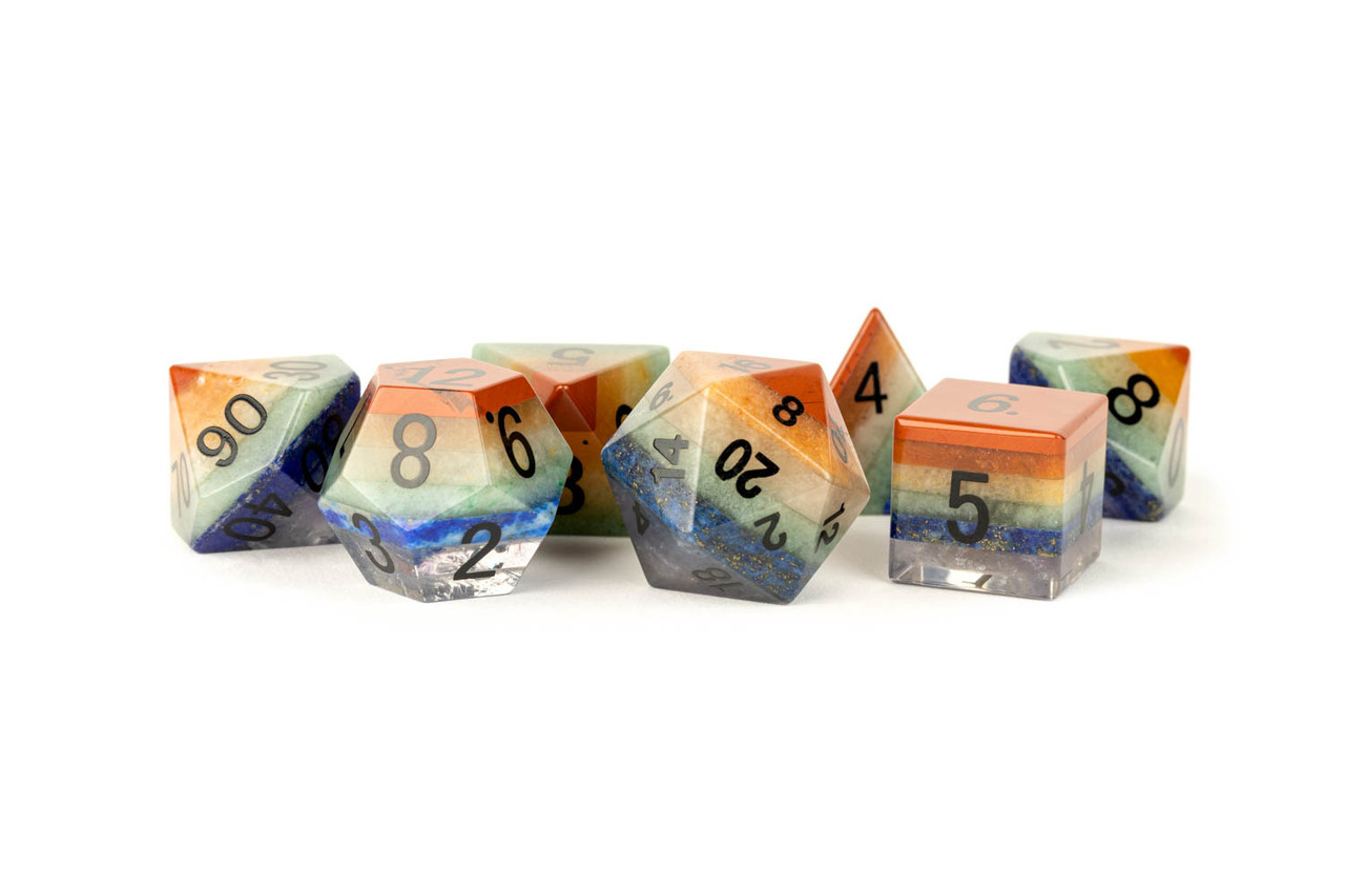 7 Layer Chakra 16mm Stone Polyhedral Dice Set - One Eyed Jacques