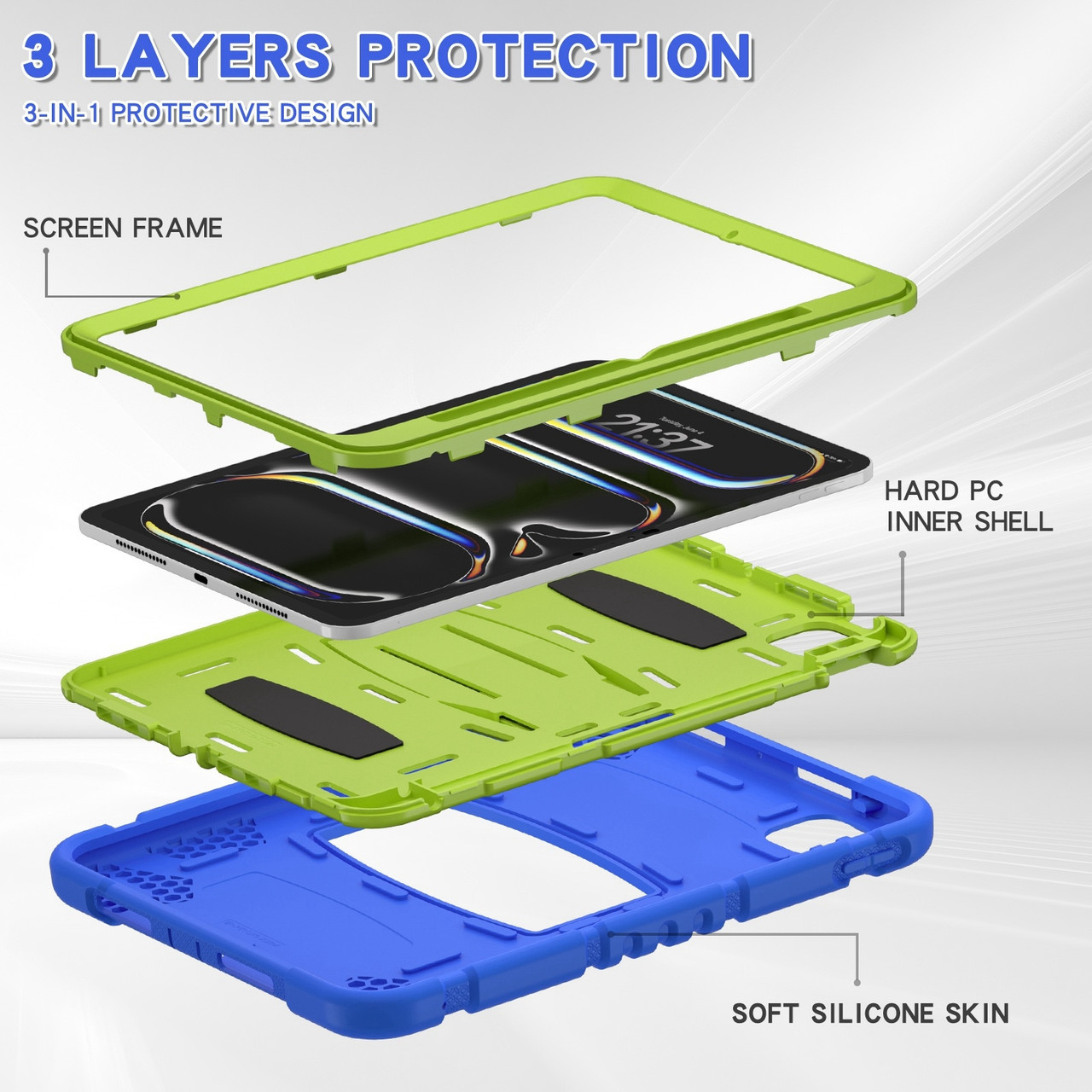 iPad Pro 11 2024 3-Layer Silicone Hybrid PC Tablet Case - Blue Lime