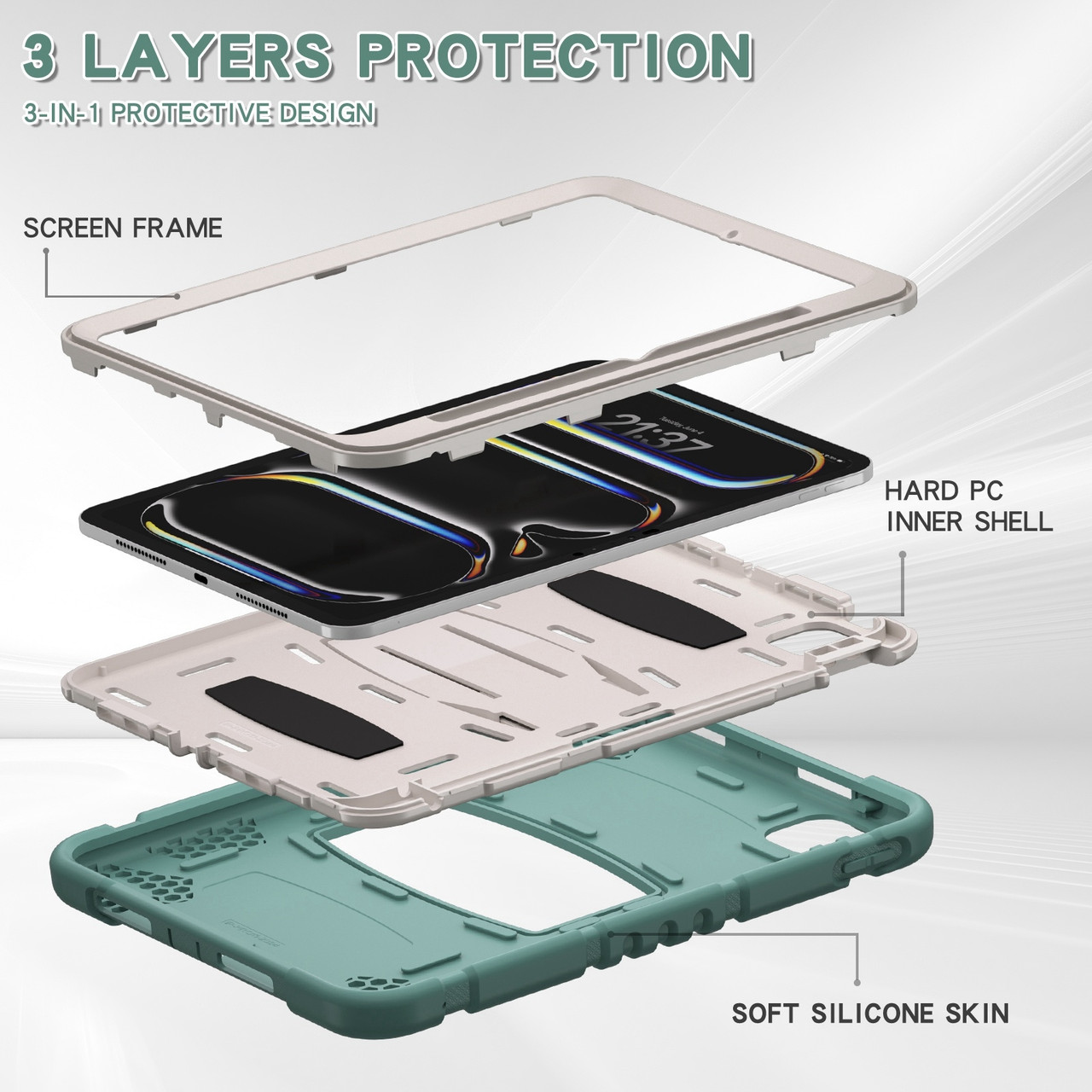 iPad Pro 11 2024 3-Layer Silicone Hybrid PC Tablet Case - Emerald Green
