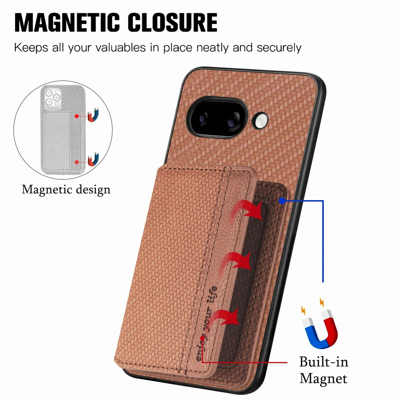 Google Pixel 9a Carbon Fiber Magnetic Card Bag Phone Case - Brown