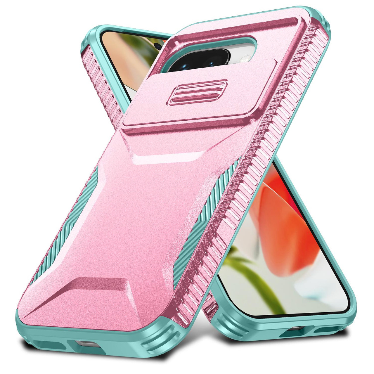 Google Pixel 9a Sliding Camshield Phone Case - Pink + Grey Green