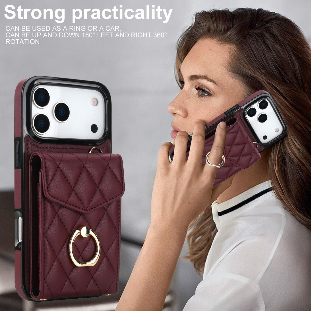 iPhone 17 Pro Max Rhombic Texture Card Bag Phone Case with Long Lanyard ...