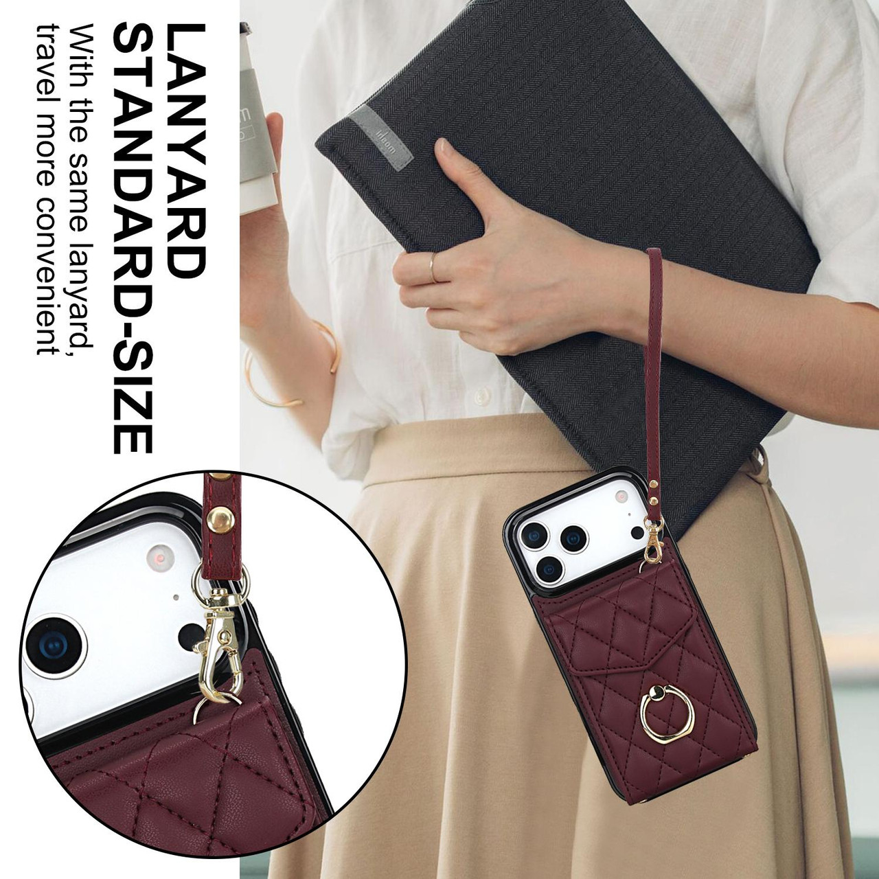 iPhone 17 Pro Max Rhombic Texture Card Bag Phone Case with Long Lanyard ...