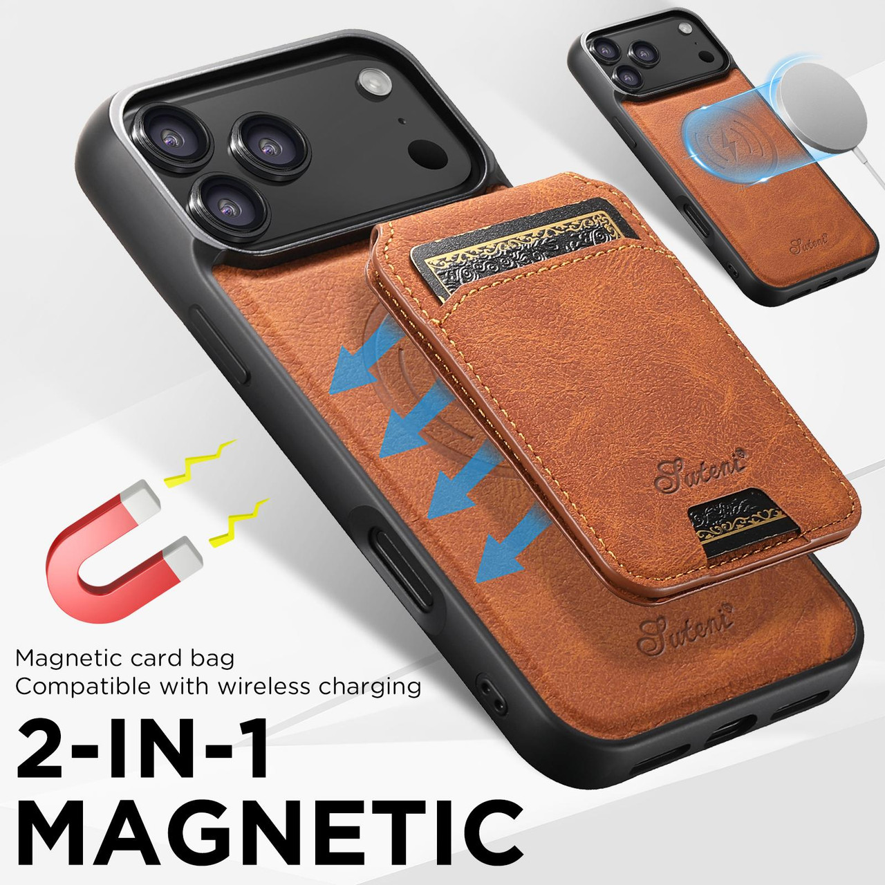 iPhone 17 Suteni H16 Litchi Texture Leather Detachable Wallet Back ...