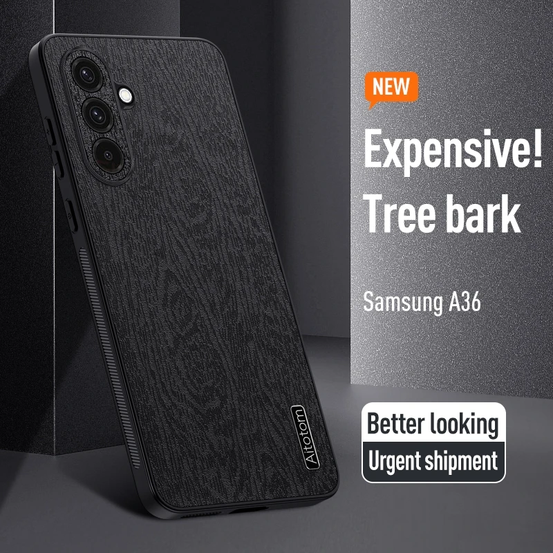 Samsung Galaxy A16 5G Tree Bark Leather Shockproof Phone Case - Black