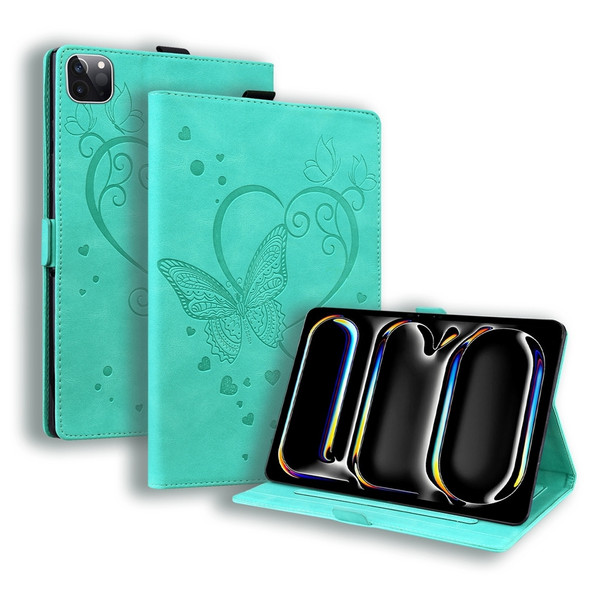 iPad Pro 13 2024 Love Butterfly Embossed Leather Tablet Case - Mint Green